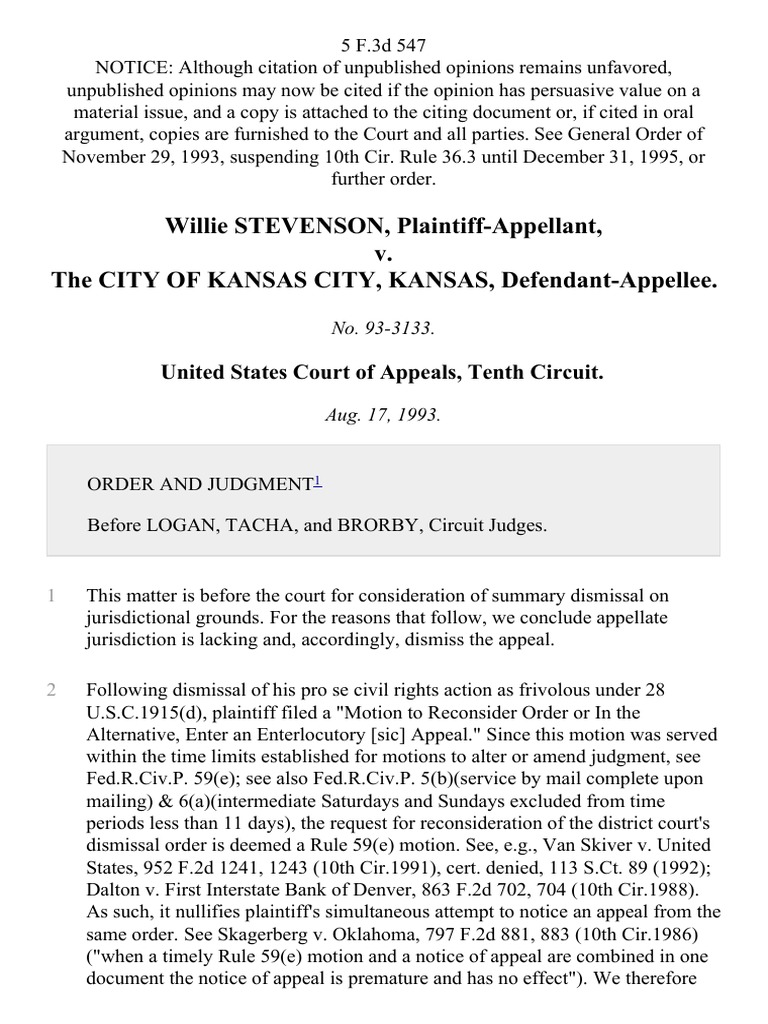 Willie Stevenson v. The City of Kansas City, Kansas, 5 F.3d 547, 10th ...