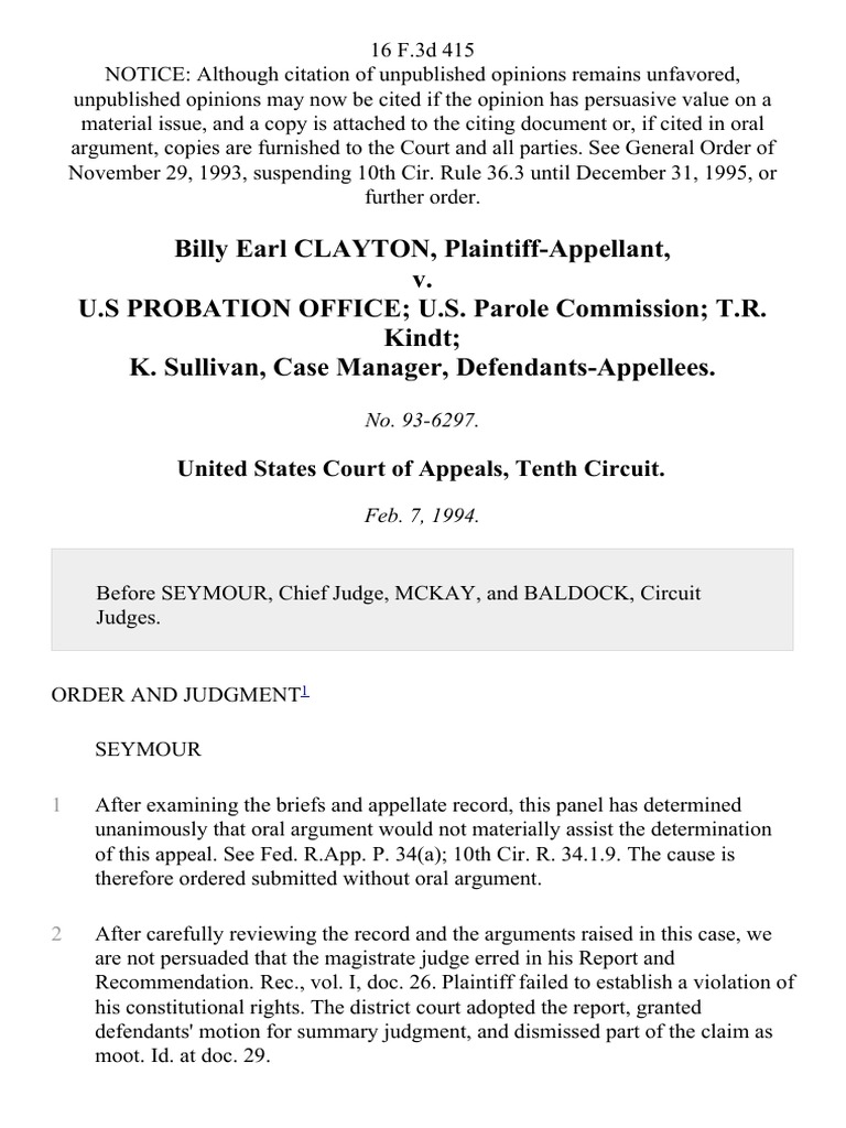 Billy Earl Clayton v. U.S Probation Office U.S. Parole Commission T.R ... Billy Earl Clayton v. U.S Probation Office U.S. Parole Commission T.R ...