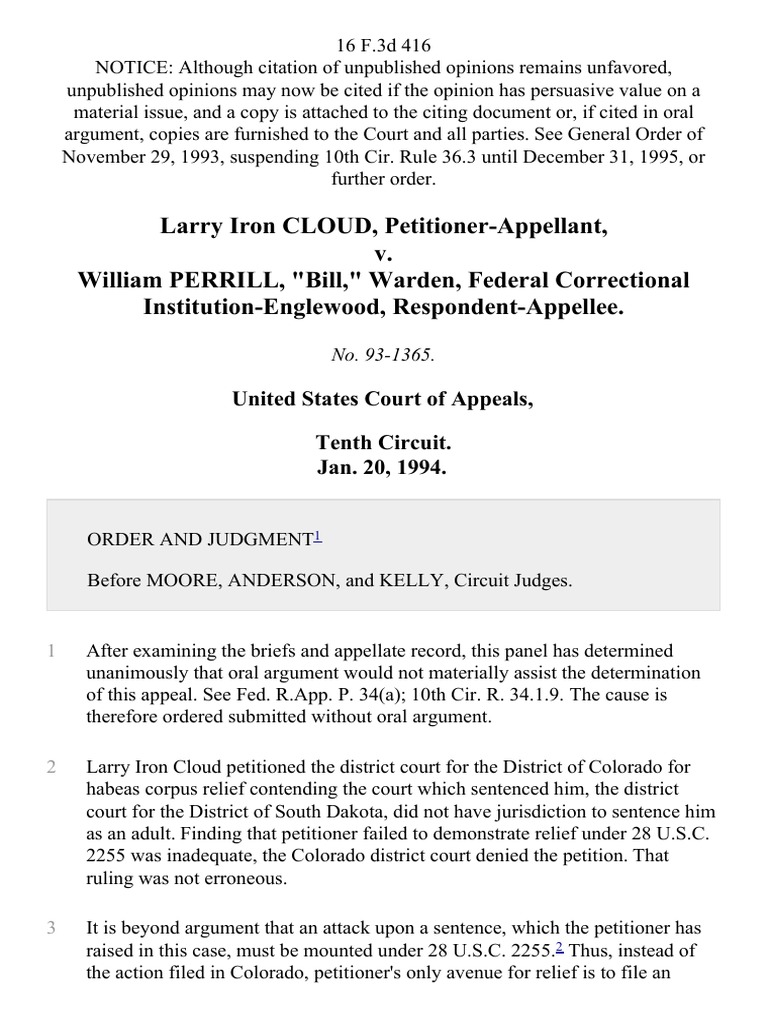 Larry Iron Cloud v. William Perrill, "Bill," Warden, Federal ...