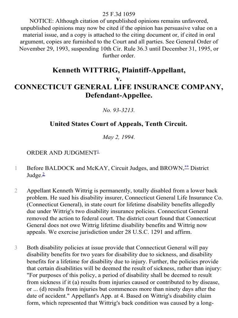 Kenneth Wittrig v. Connecticut General Life Insurance Company, 25 F.3d ...