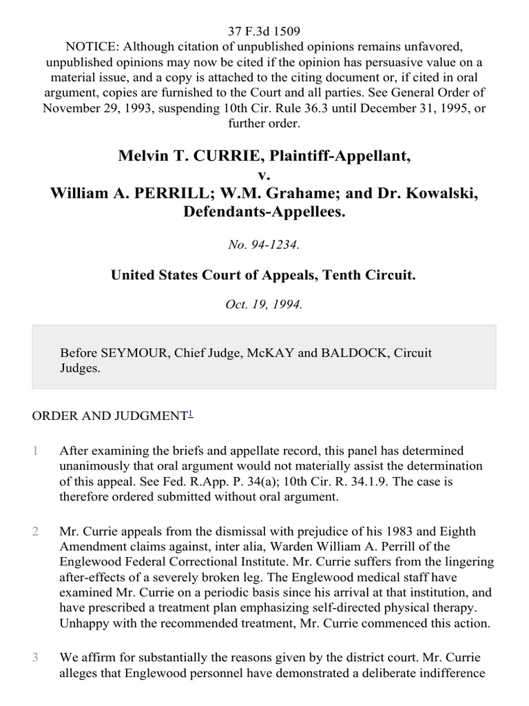 Melvin T. Currie v. William A. Perrill W.M. Grahame and Dr. Kowalski ...