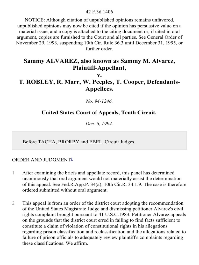 Sammy Alvarez, Also Known As Sammy M. Alvarez v. T. Robley, R. Marr, W ...