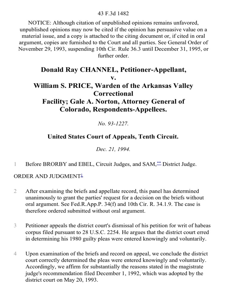 Donald Ray Channel v. William S. Price, Warden of The Arkansas Valley ...