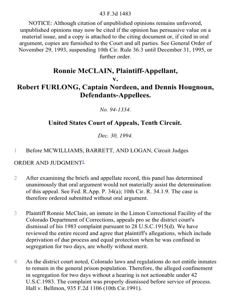 Ronnie McClain v. Robert Furlong, Captain Nordeen, and Dennis Hougnoun ...