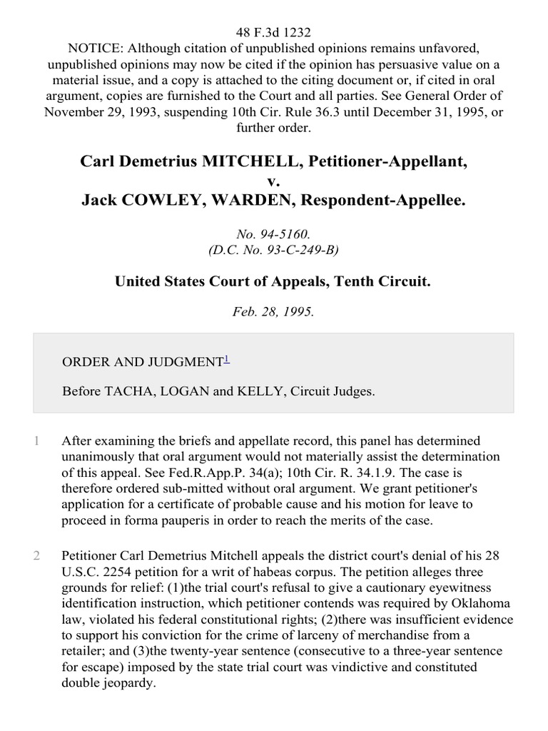 Carl Demetrius Mitchell v. Jack Cowley, Warden, 48 F.3d 1232, 10th Cir ...