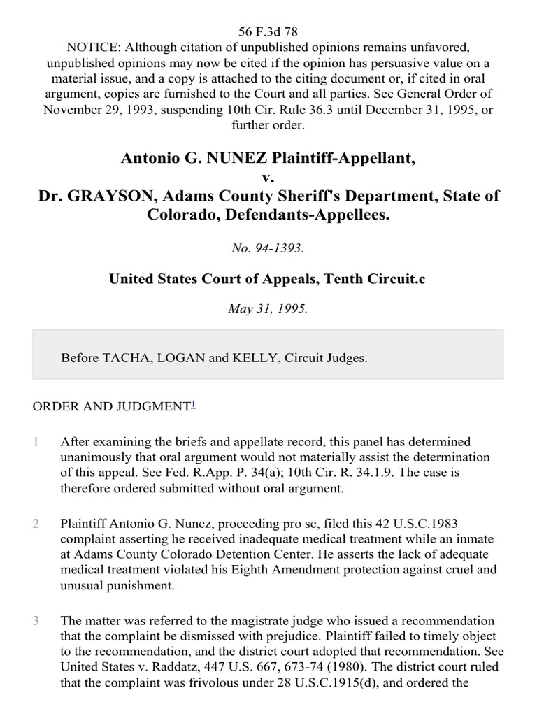 Antonio G. Nunez v. Dr. Grayson, Adams County Sheriff's Department ...