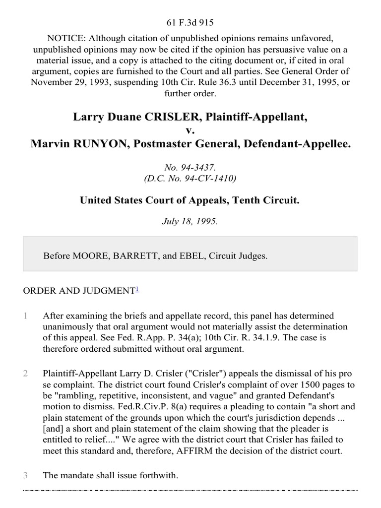 Larry Duane Crisler v. Marvin Runyon, Postmaster General, 61 F.3d 915 ...
