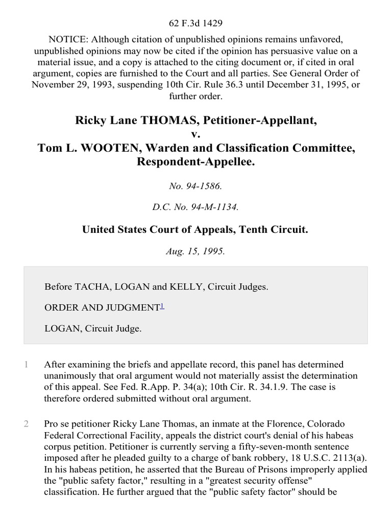Ricky Lane Thomas v. Tom L. Wooten, Warden and Classification Committee ...