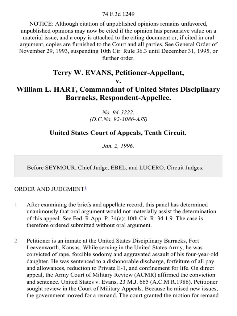 Terry W. Evans v. William L. Hart, Commandant of United States ...