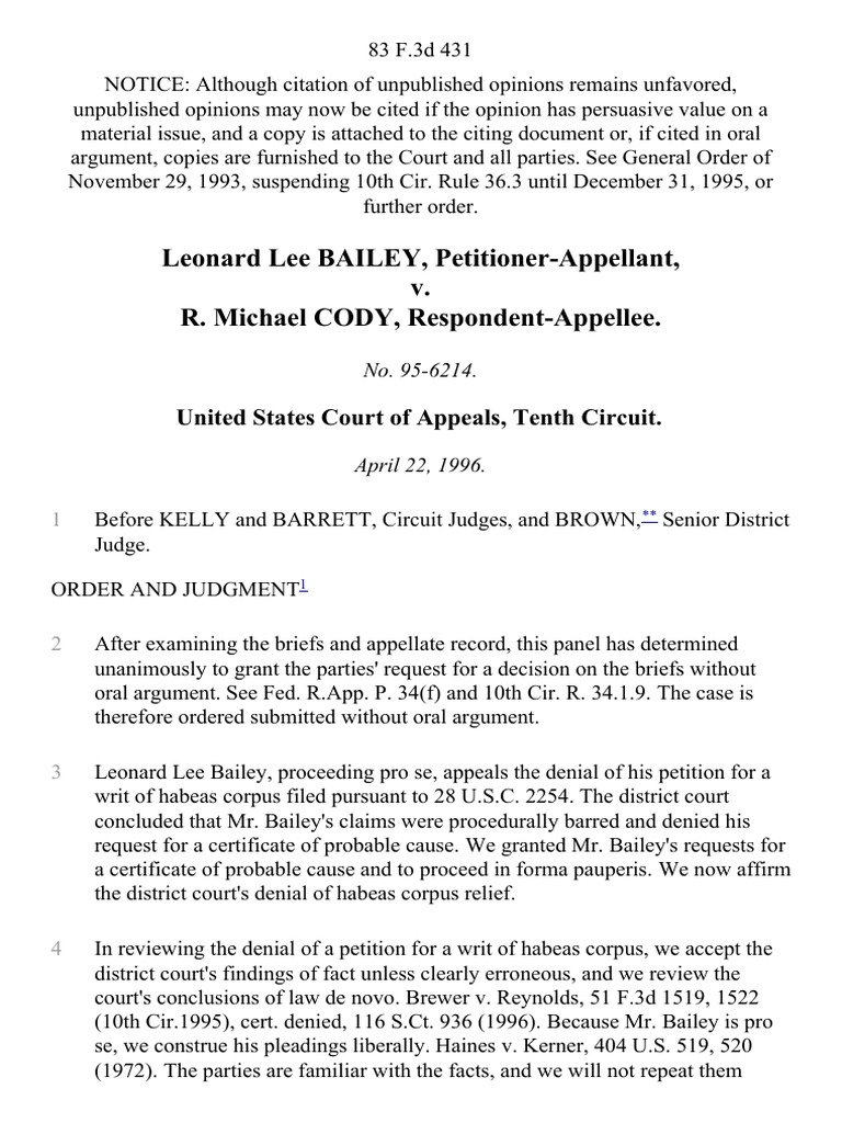Tenth Circuit Ruling on Bailey's Habeas Petition | PDF | Procedures Of ...
