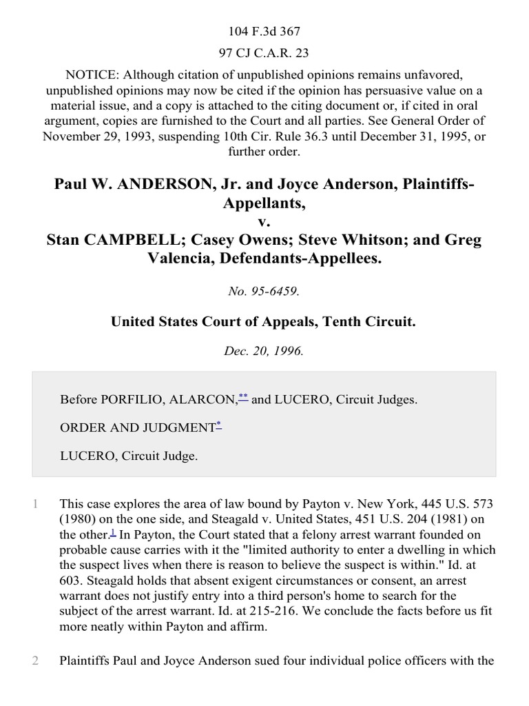 Paul W. Anderson, Jr. and Joyce Anderson v. Stan Campbell Casey Owens ...