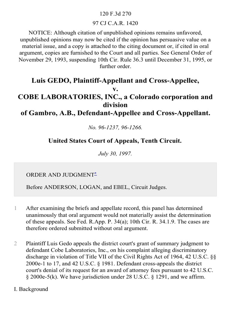 Luis Gedo, and Cross-Appellee v. Cobe Laboratories, Inc., A Colorado ...