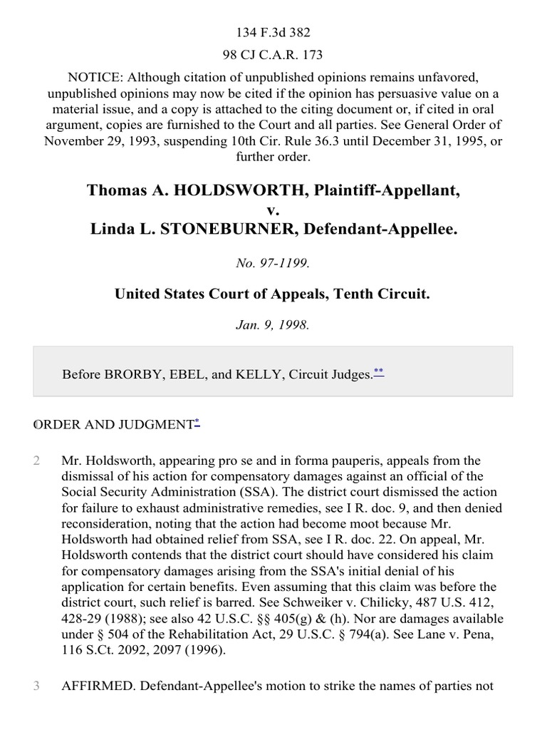 Thomas A. Holdsworth v. Linda L. Stoneburner, 134 F.3d 382, 10th Cir. (1998) | PDF | Social Science