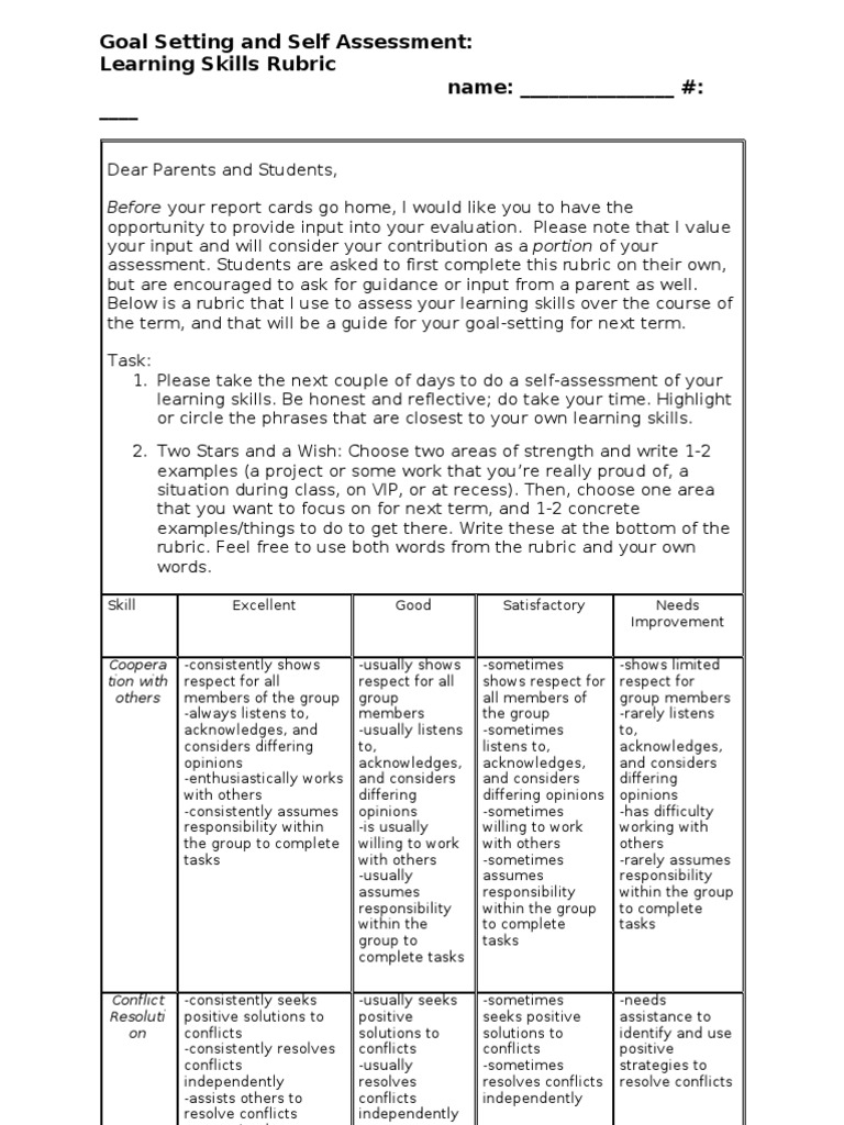 Learning Skills Self-Assessment | PDF | Rubric (Academic) | Goal