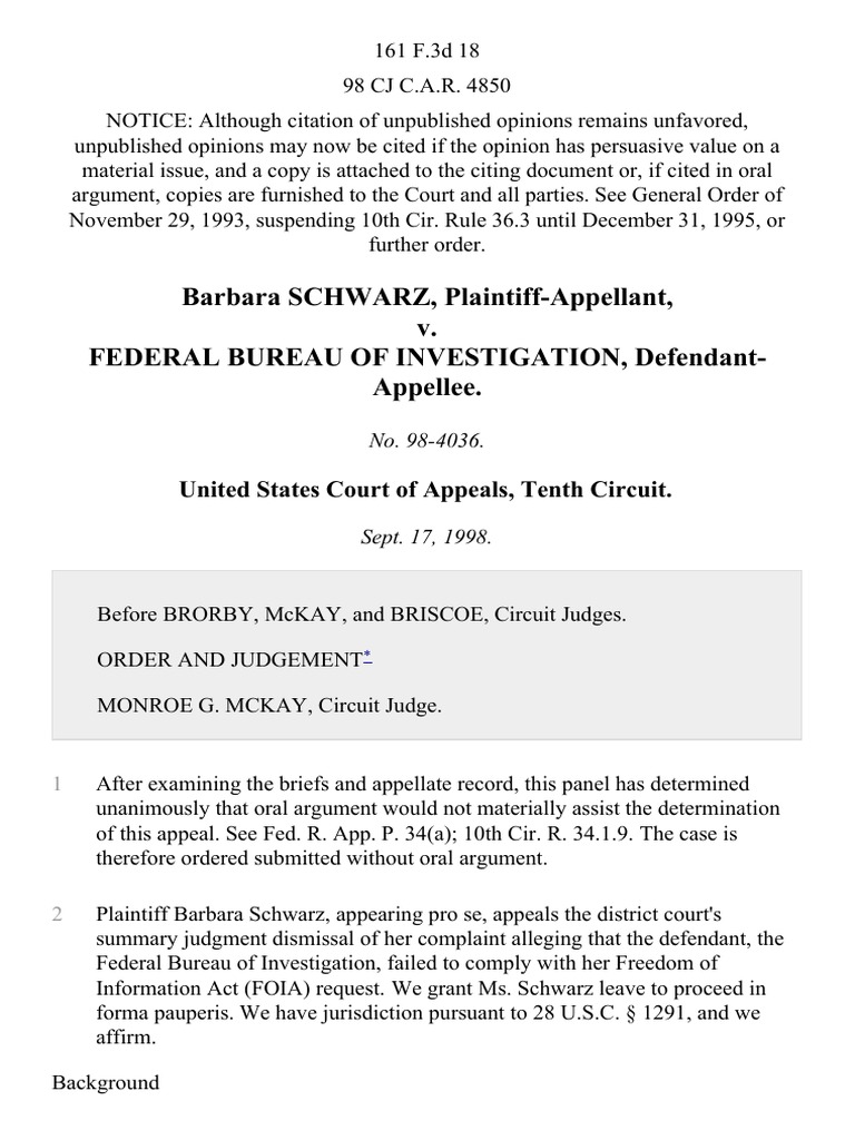 Barbara Schwarz v. Federal Bureau of Investigation, 161 F.3d 18, 10th ...