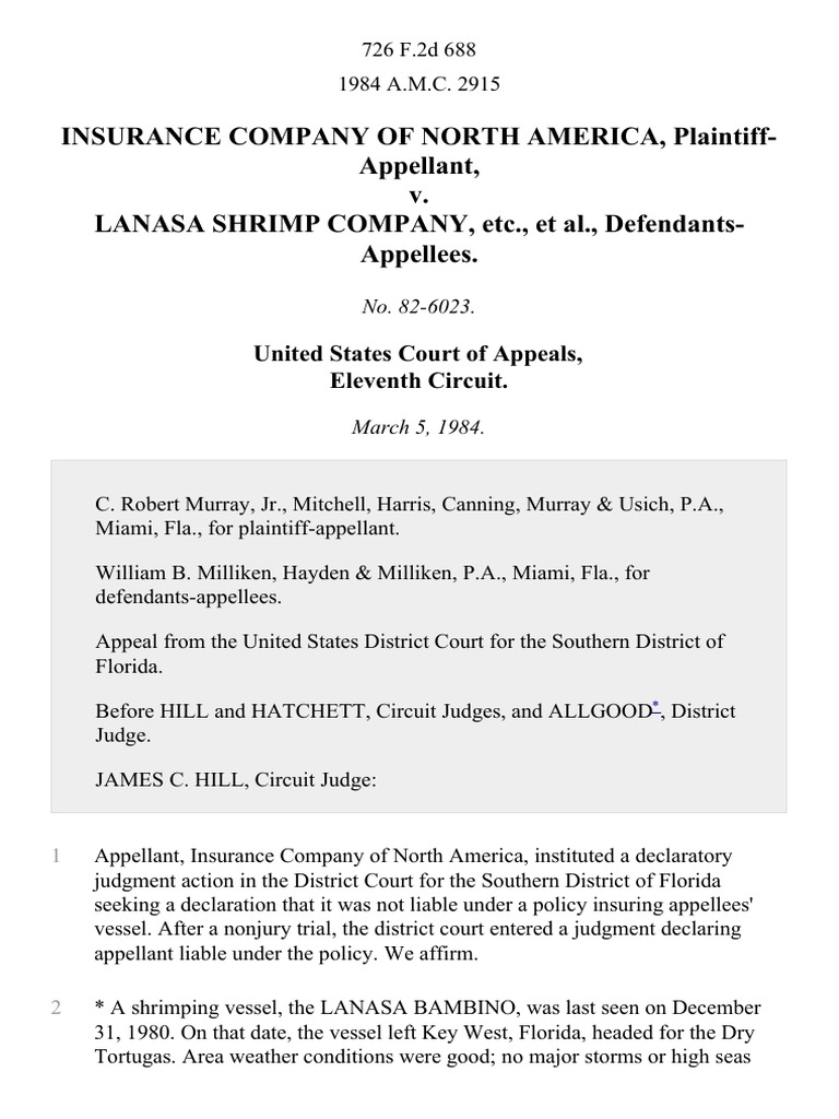 Insurance Company of North America v. Lanasa Shrimp Company, Etc., 726 ...
