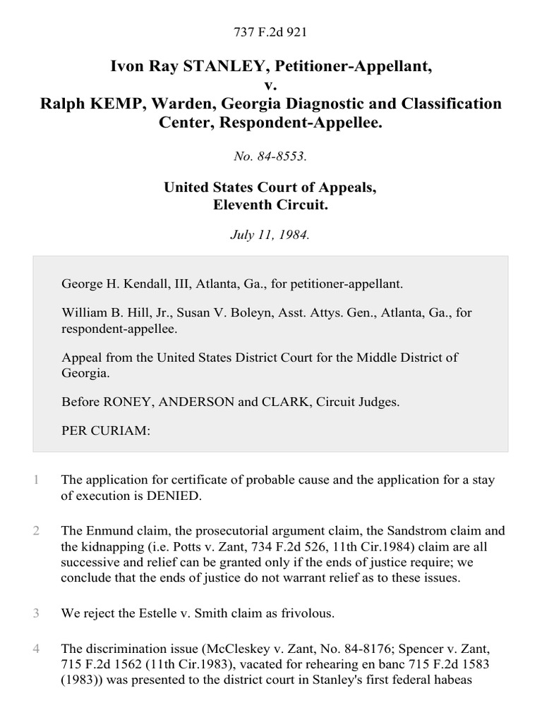Ivon Ray Stanley v. Ralph Kemp, Warden, Georgia Diagnostic and ...