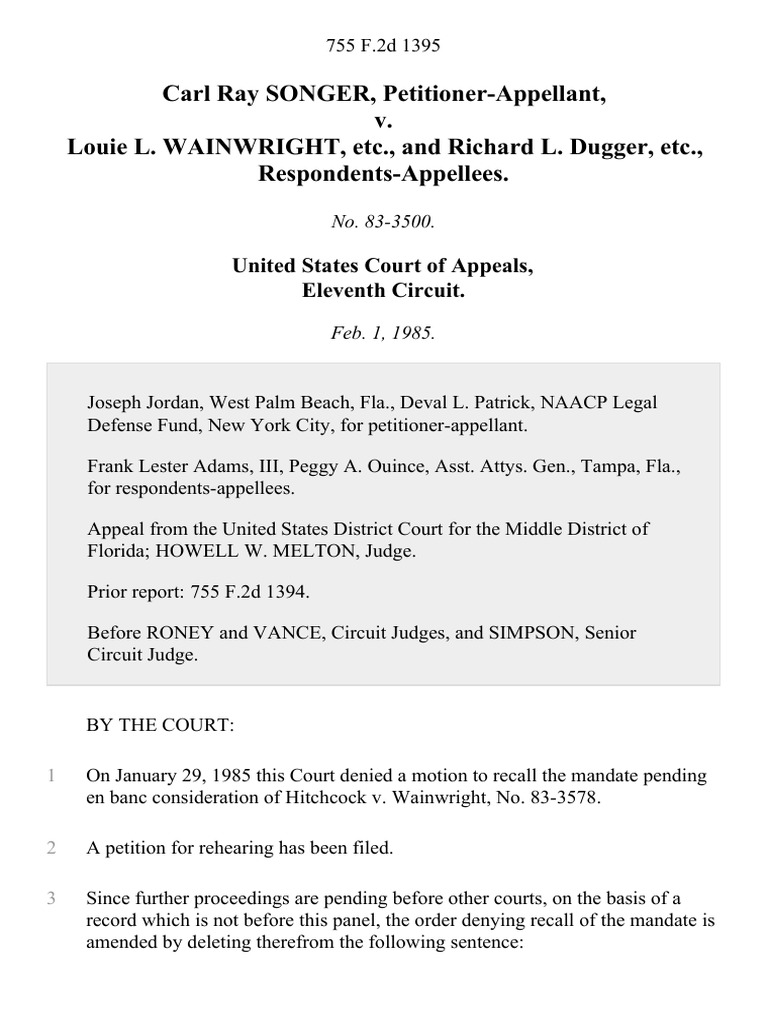 Carl Ray Songer v. Louie L. Wainwright, Etc., and Richard L. Dugger ...
