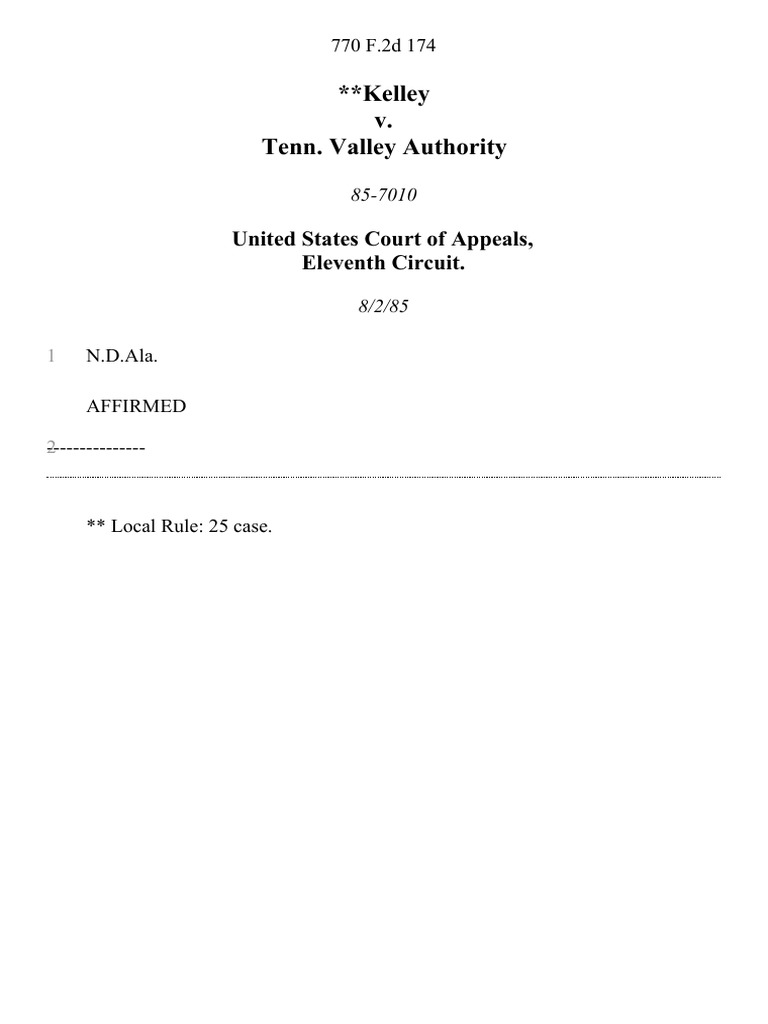Kelley v. Tenn. Valley Authority, 770 F.2d 174, 11th Cir. (1985) | PDF ...