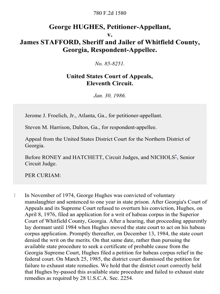 George Hughes v. James Stafford, Sheriff and Jailer of Whitfield County, Georgia, 780 F.2d 1580 ...