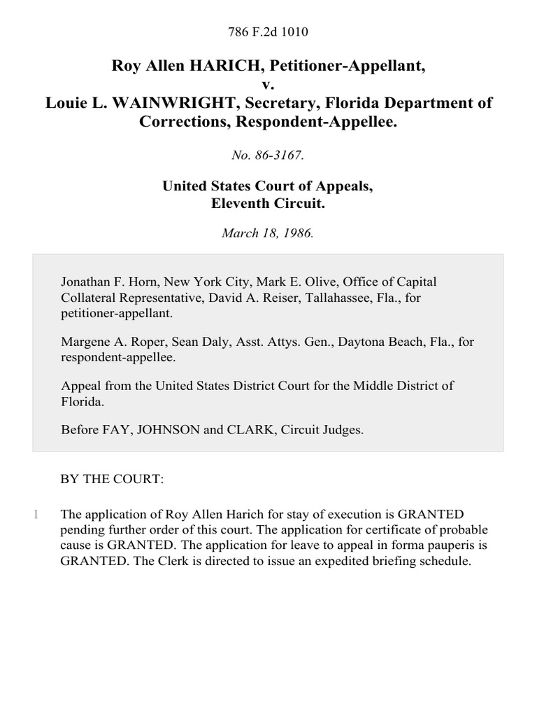 Roy Allen Harich v. Louie L. Wainwright, Secretary, Florida Department ...