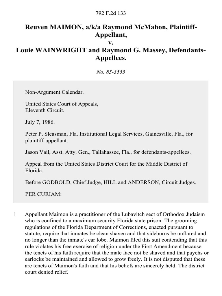 Reuven Maimon, A/K/A Raymond McMahon v. Louie Wainwright and Raymond G ...