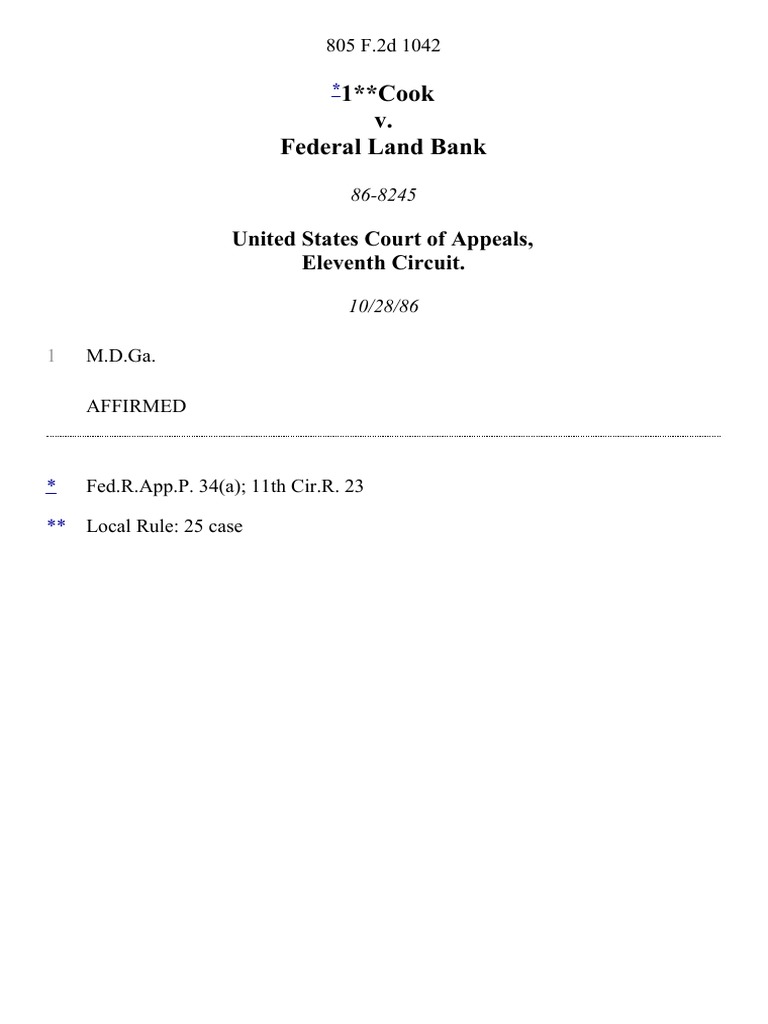 1 Cook v. Federal Land Bank, 805 F.2d 1042, 11th Cir. (1986) | PDF