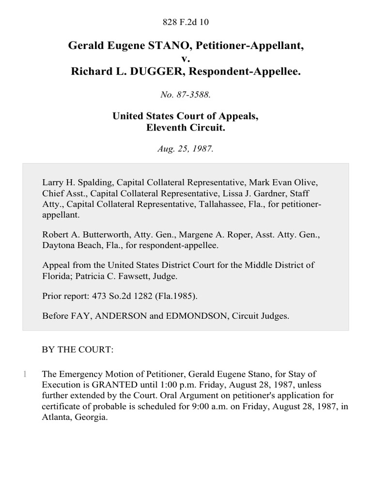 Gerald Eugene Stano v. Richard L. Dugger, 828 F.2d 10, 11th Cir. (1987 ...