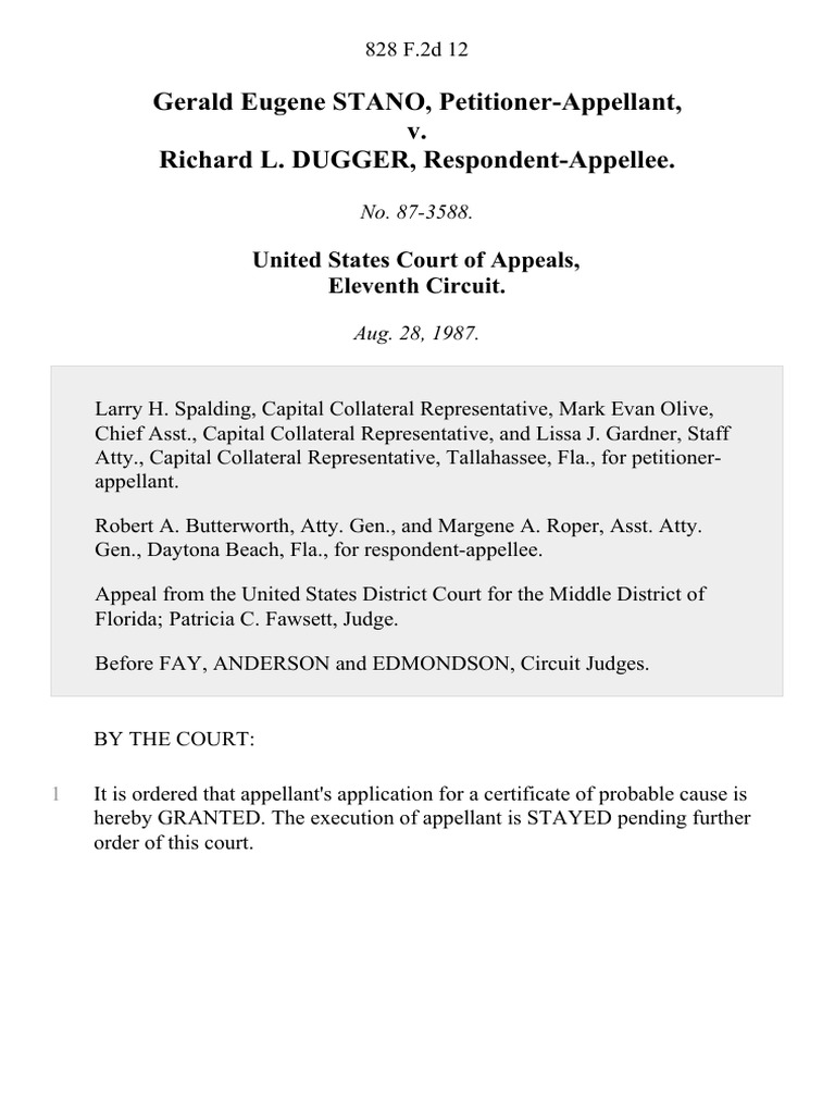 Gerald Eugene Stano v. Richard L. Dugger, 828 F.2d 12, 11th Cir. (1987 ...