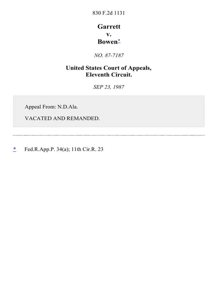 Garrett v. Bowen, 830 F.2d 1131, 11th Cir. (1987) | PDF