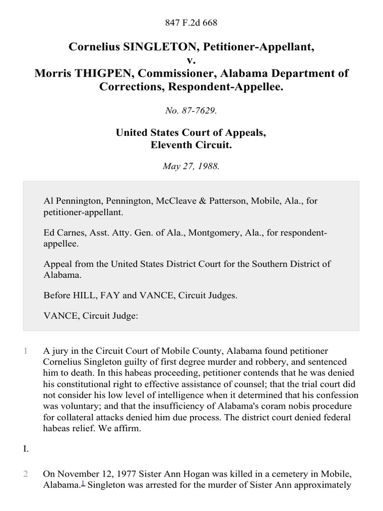 Cornelius Singleton v. Morris Thigpen, Commissioner, Alabama Department of Corrections, 847 F.2d ...