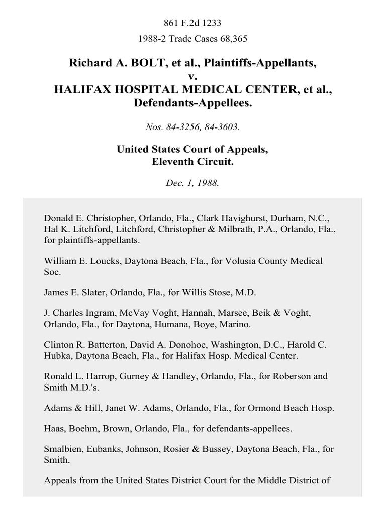 Richard A. Bolt v. Halifax Hospital Medical Center, 861 F.2d 1233, 11th Cir. (1988) | PDF