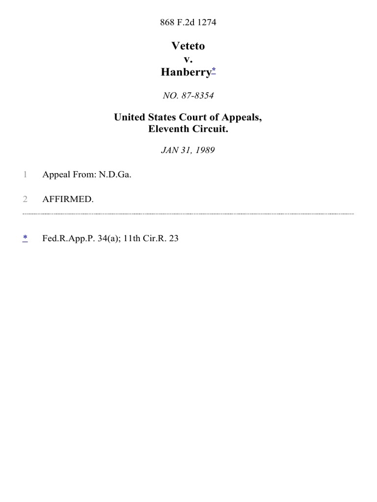Veteto v. Hanberry, 868 F.2d 1274, 11th Cir. (1989) | PDF