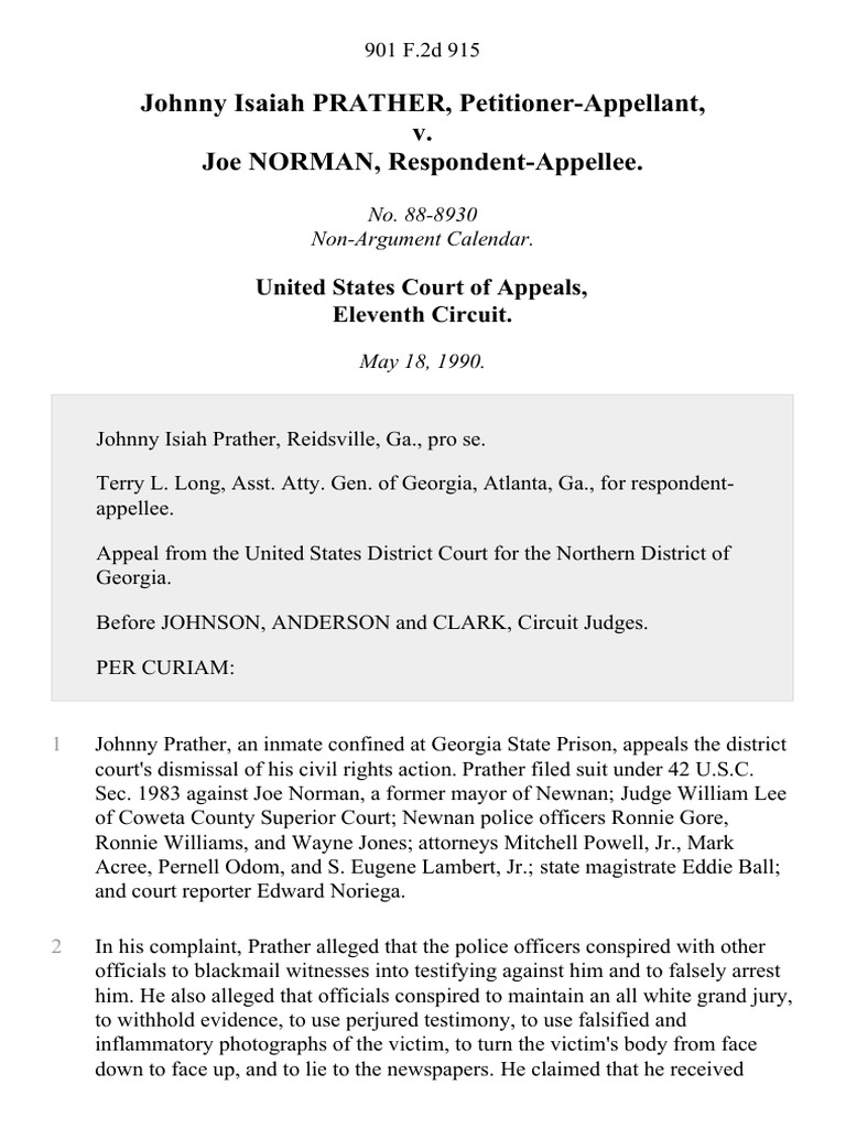 Johnny Isaiah Prather v. Joe Norman, 901 F.2d 915, 11th Cir. (1990 ...