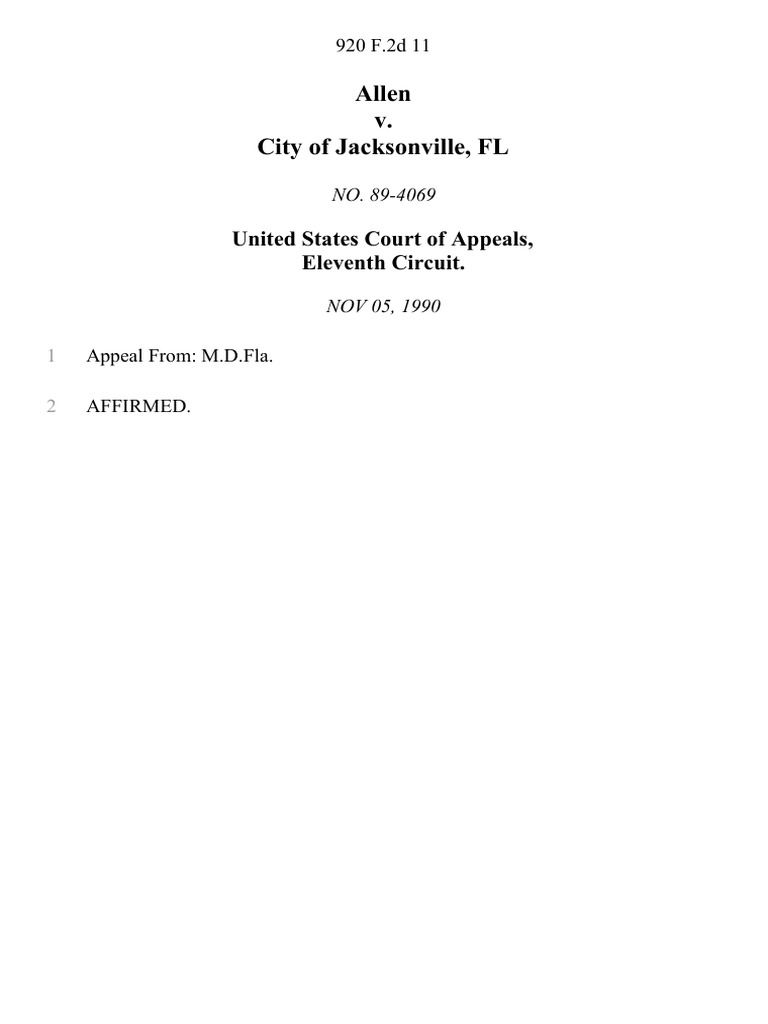 Allen v. City of Jacksonville, FL, 920 F.2d 11, 11th Cir. (1990) | PDF | Politics | Sports ...