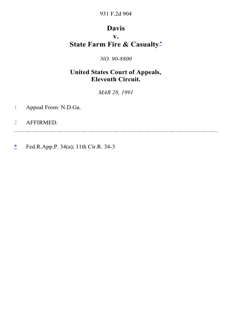 Davis v. State Farm Fire & Casualty, 931 F.2d 904, 11th Cir. (1991) | PDF