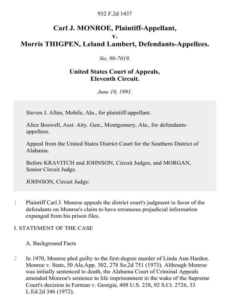 Carl J. Monroe v. Morris Thigpen, Leland Lambert, 932 F.2d 1437, 11th ...