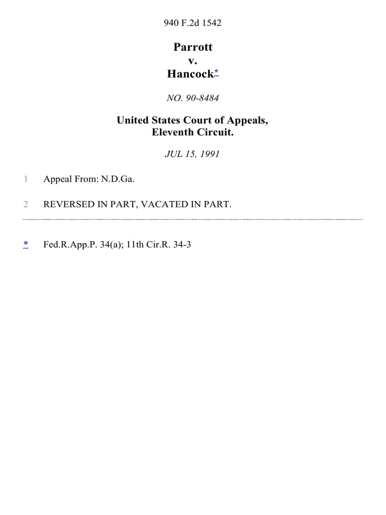 Parrott v. Hancock, 940 F.2d 1542, 11th Cir. (1991) | PDF | Law