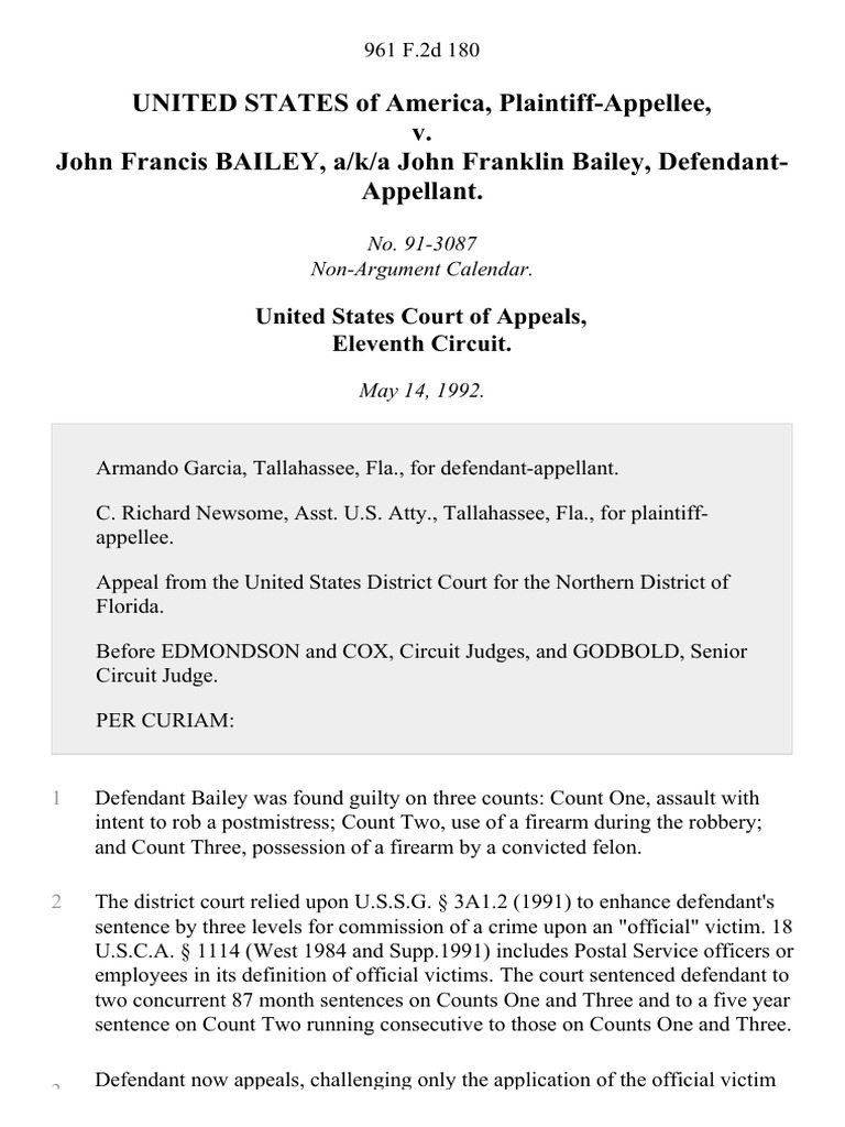 United States v. John Francis Bailey, A/K/A John Franklin Bailey, 961 F ...