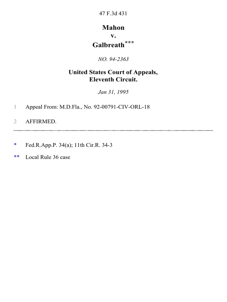 Mahon v. Galbreath, 47 F.3d 431, 11th Cir. (1995) | PDF
