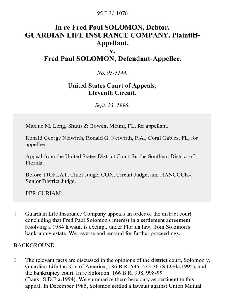 Guardian Life Ins. Co. v. Solomon, 95 F.3d 1076, 11th Cir. (1996) | PDF ...