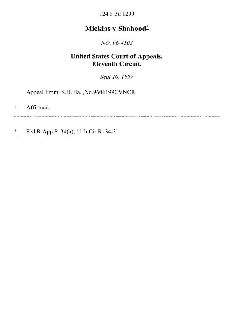 Micklas v. Shahood, 124 F.3d 1299, 11th Cir. (1997) | PDF