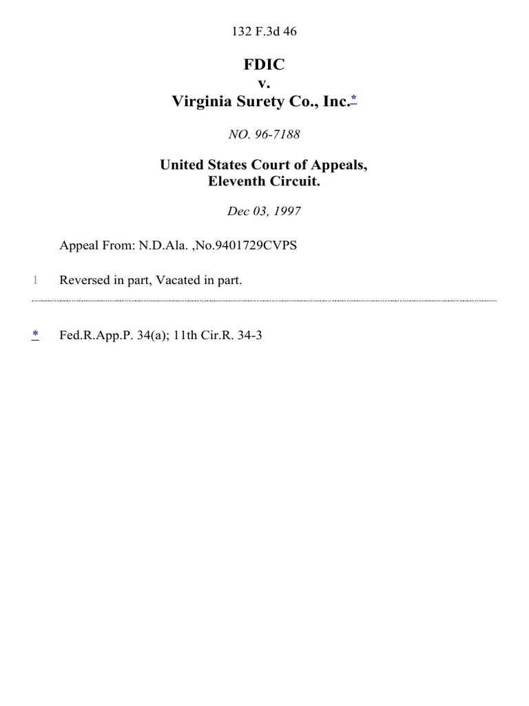 Fdic v. Virginia Surety Co., Inc., 132 F.3d 46, 11th Cir. (1997) | PDF