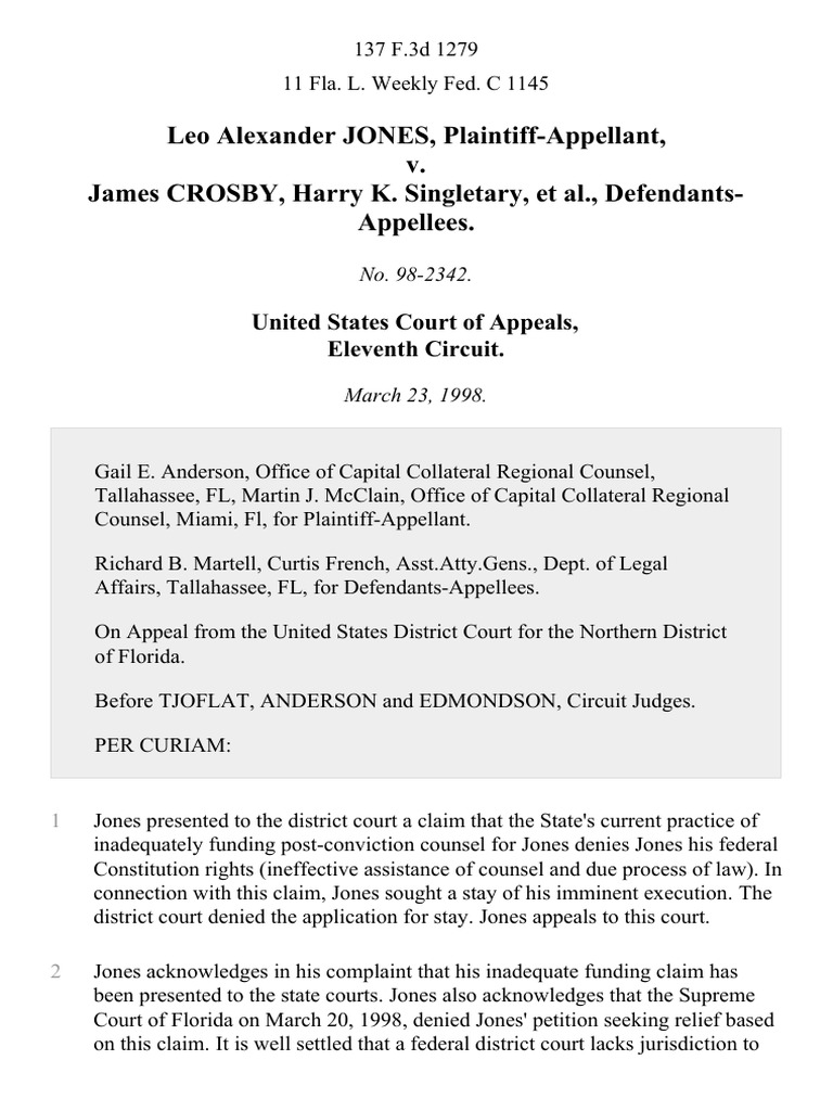 Leo Alexander Jones v. James Crosby, Harry K. Singletary, 137 F.3d 1279, 11th Cir. (1998) | PDF