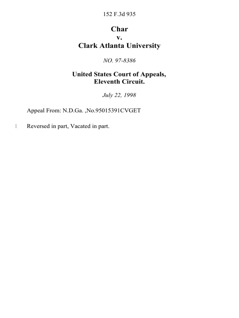Char v. Clark Atlanta University, 152 F.3d 935, 11th Cir. (1998) | PDF