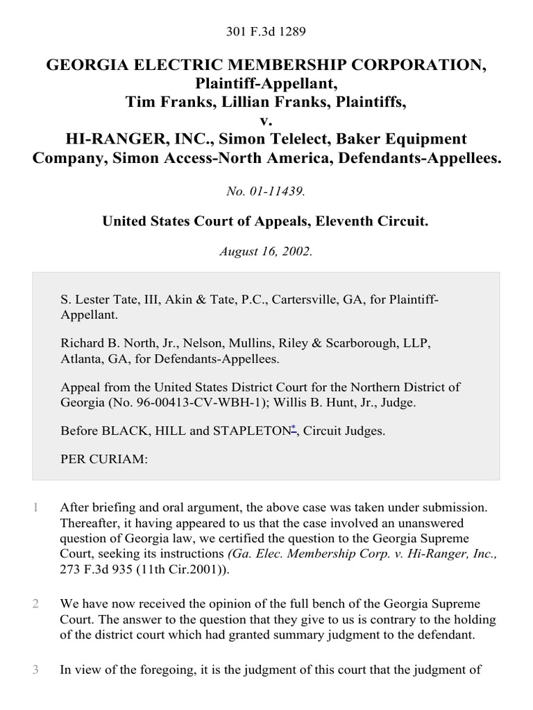 Georgia Electric Membership v. Hi-Ranger, Inc., 286 F.3d 1309, 11th Cir ...