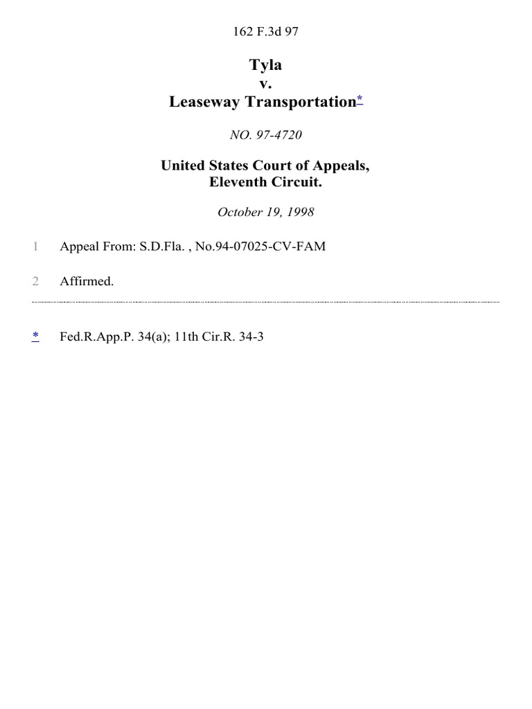 Tyla v. Leaseway Transportation, 162 F.3d 97, 11th Cir. (1998) | PDF