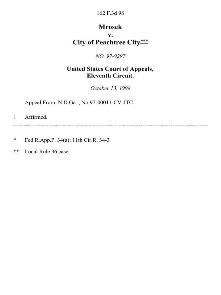 Mrosek v. City of Peachtree City, 162 F.3d 98, 11th Cir. (1998) | PDF | Law
