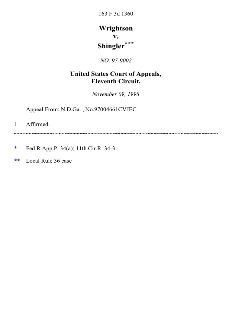 Wrightson v. Shingler, 163 F.3d 1360, 11th Cir. (1998) | PDF
