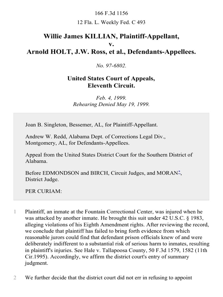 Willie James Killian v. Arnold Holt, J.W. Ross, 166 F.3d 1156, 11th Cir. (1999) | PDF